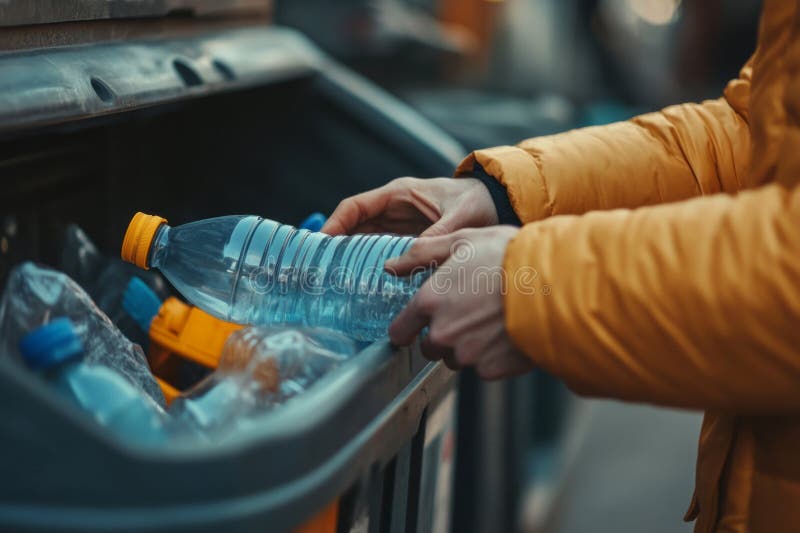 A Person in a Yellow Jacket Recycling Plastic Bottles. this Image Shows ...