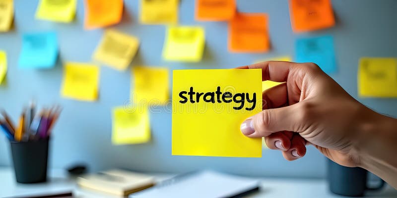 Person with Yellow Sticky Note Labeled Strategy at Desk Stock ...