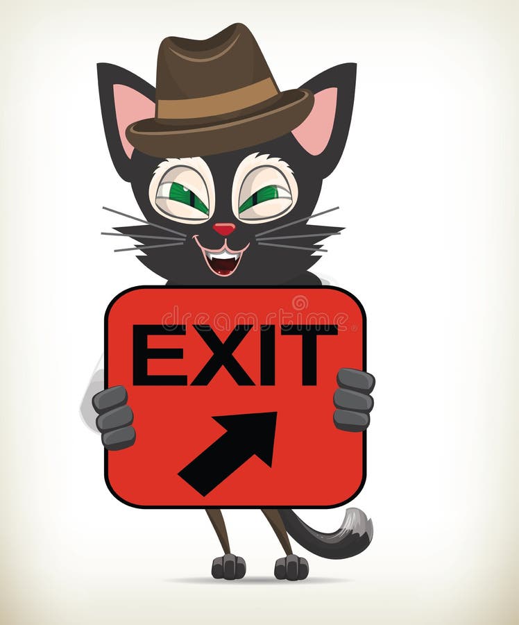 Personaje De Dibujos Animados Cat Holding Exit Sign Ilustración del ...