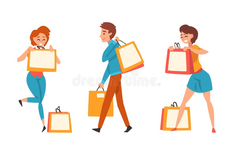 Personaje De Hombre Y Mujer Feliz Haciendo Compras Con Bolsas De ... Personaje De Hombre Y Mujer Feliz Haciendo Compras Con Bolsas De ...