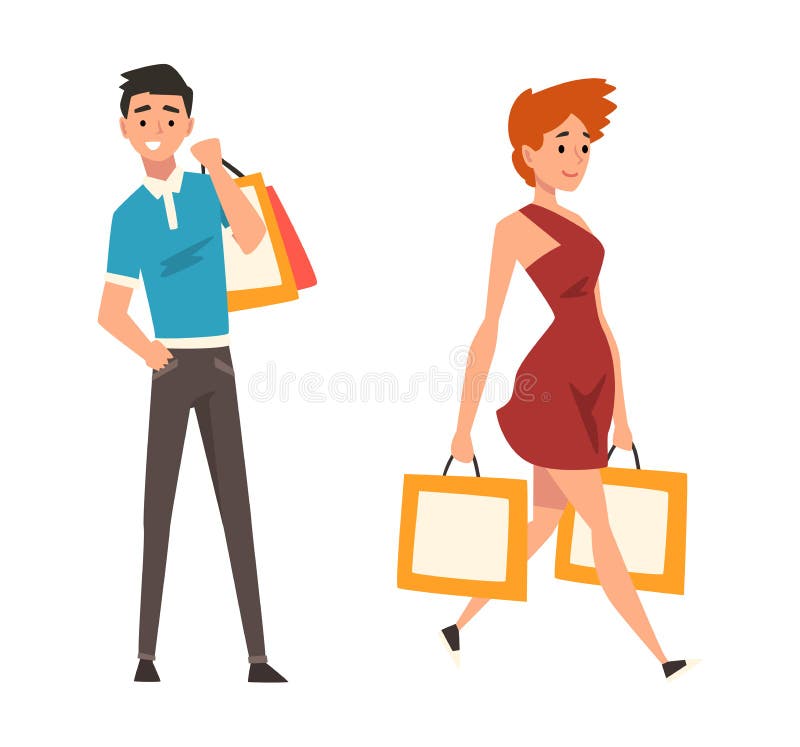 Personaje De Hombre Y Mujer Feliz Haciendo Compras Con Bolsas De ... Personaje De Hombre Y Mujer Feliz Haciendo Compras Con Bolsas De ...