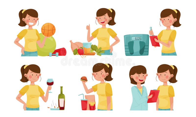 Personaje De Mujer Joven Con Buenos Y Malos Hábitos Para Prevenir La ... Personaje De Mujer Joven Con Buenos Y Malos Hábitos Para Prevenir La ...