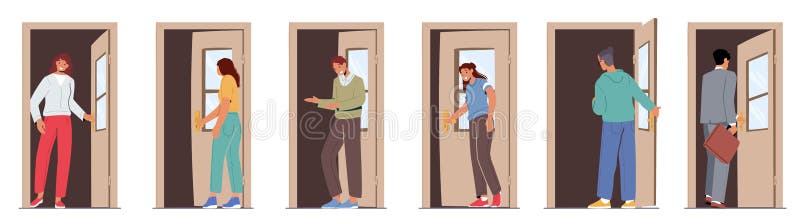 Personajes Masculinos Y Femeninos Abriendo Puertas Hombres Mujeres