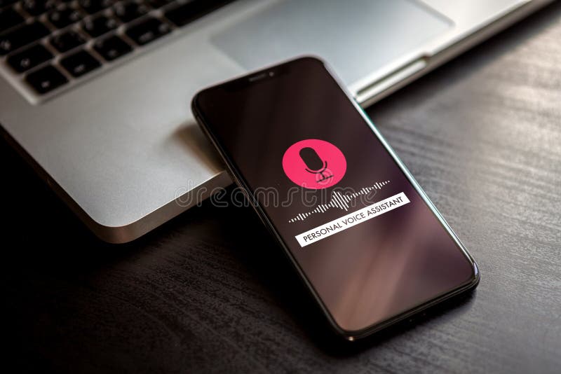 Personal Assistant Concept and Voice Recognition Audio Technology. Red ...