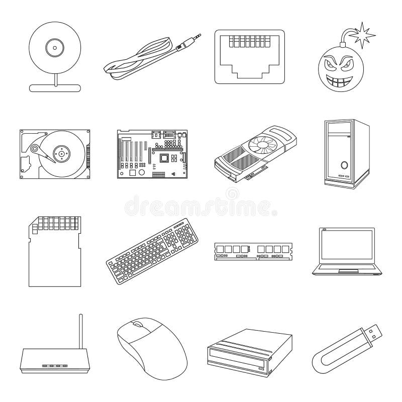 Personal Computer Set Icons in Outline Style. Stock Vector ...