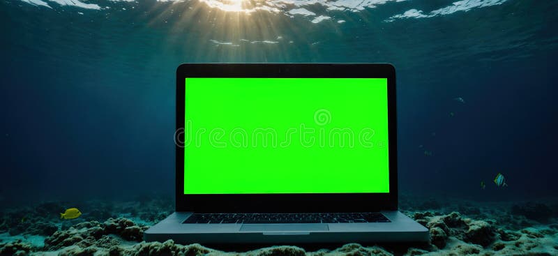 Personal Computer Under the Sea Water, Green Screen Display Stock ...