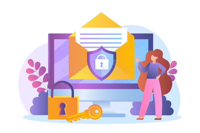 Personal Data Security. Woman Near Computer with Secure Letter Stock ...