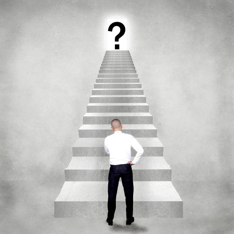 Businessman Facing Question Mark Over the Top of Ladder Stock Photo ...