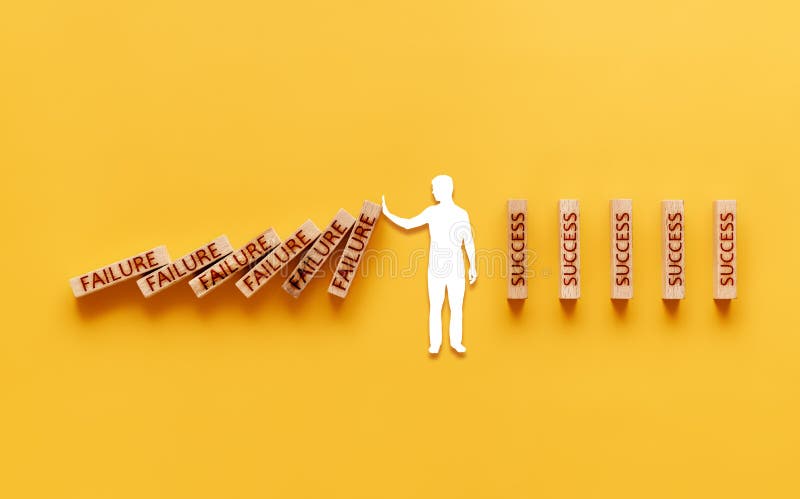 Personal Growth Concept. Human Figure Stops Falling Blocks with Failure ...