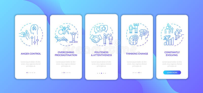 Personal Growth Technique Blue Onboarding Mobile App Page Screen with ...