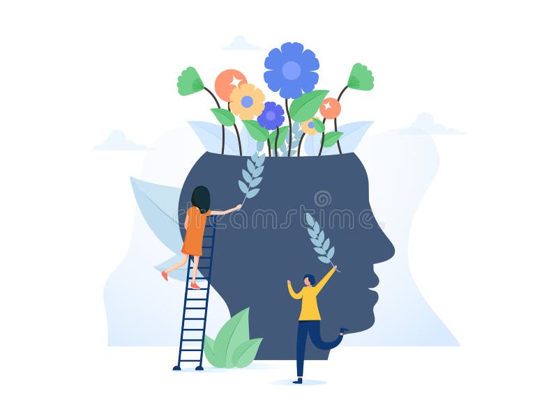 Personal Growth. Tiny Man Watering that Growing Plant from the Brain As ...