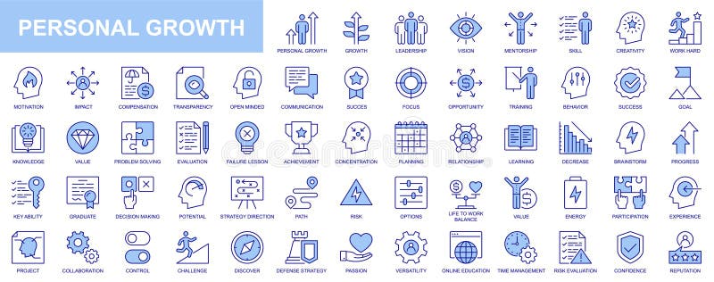 Personal Growth Web Icons Set in Blue Line Design. Pack of Leadership ...