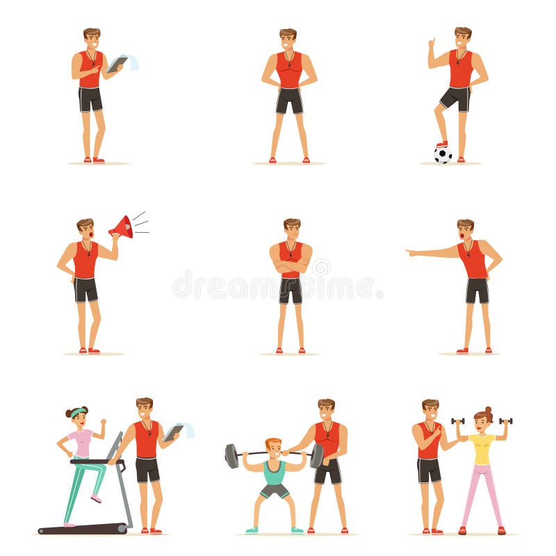 Personal Gym Coach Trainer or Instructor Set of Vector Illustrations ...