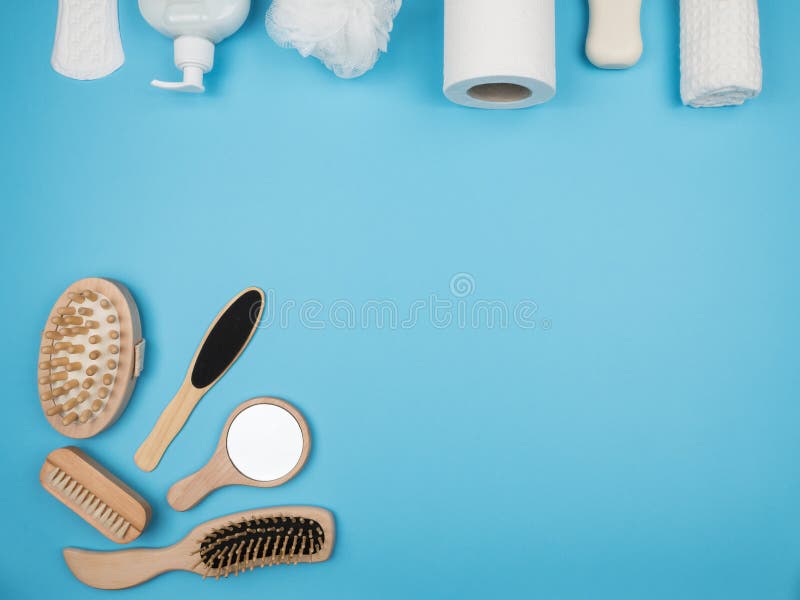 Personal Hygiene Items on a Blue Background Stock Image - Image of ...
