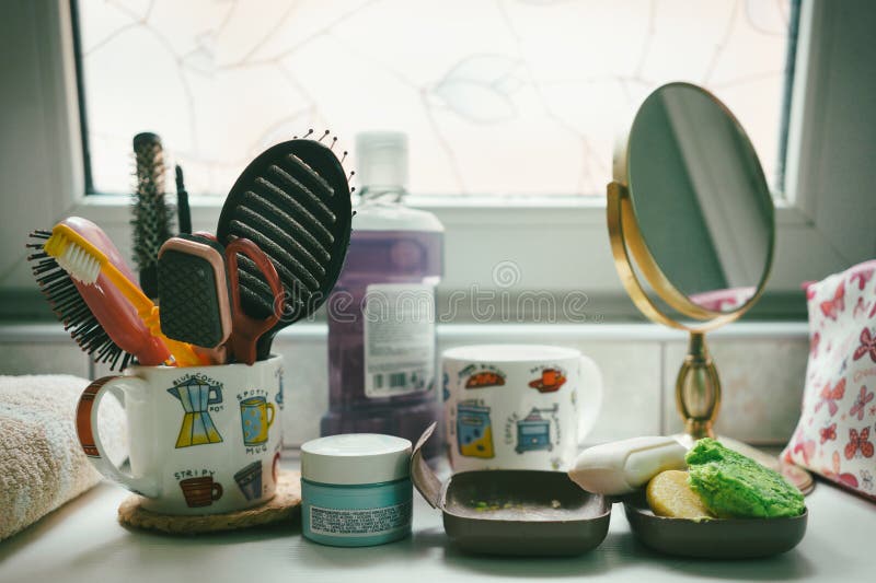 Personal Hygiene Items on the Shelf in the Bathroom Stock Photo - Image ...