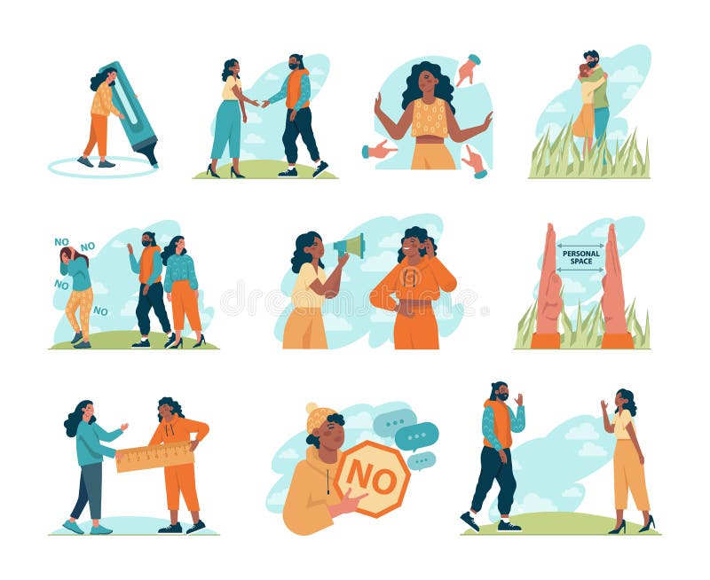 Personal Space Concept Set. Characters Setting, Protecting and ...