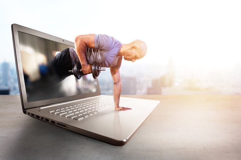 Personal Trainer Does Gym Lesson through Internet and Laptop Stock ...