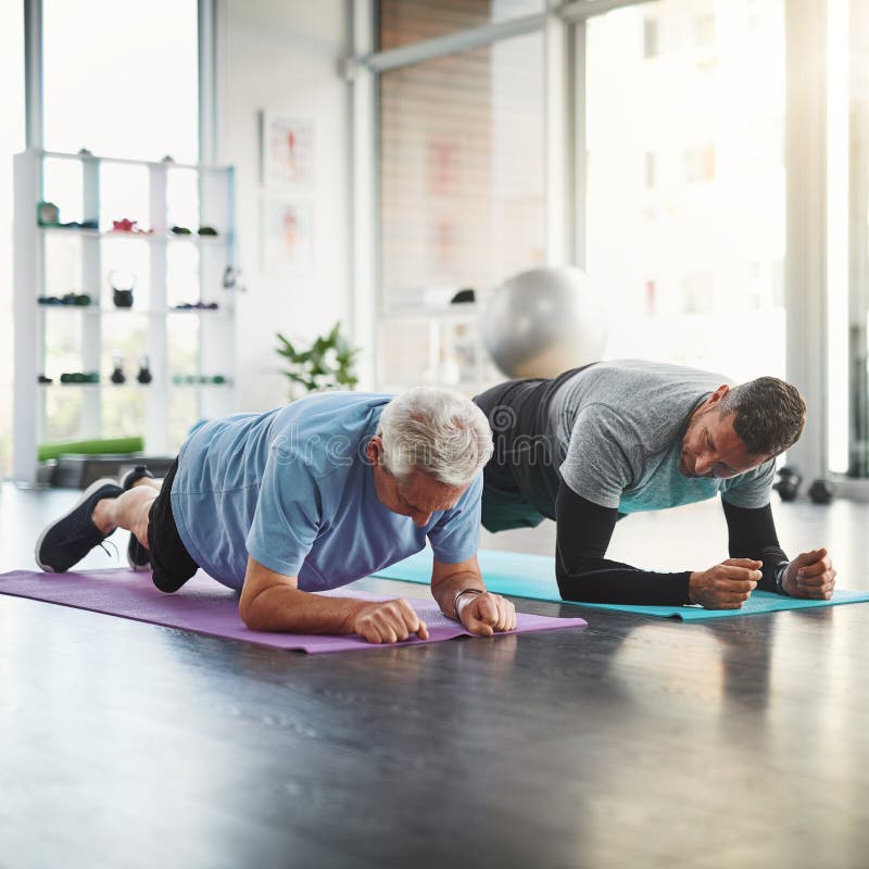 Personal Trainer, Exercise and Elderly Man with Plank for Mobility ...