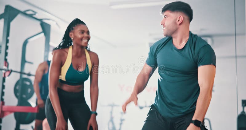 Personal Trainer, Gym and Man with Battle Ropes, High Five and Excited ...