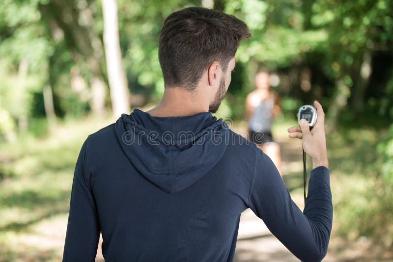 Personal Trainer Timing Female Runner Selective Focus Stock Image ...