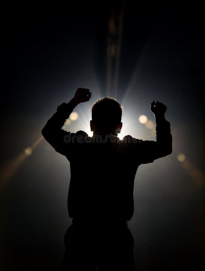 Personal Victory - Silhouette with Raised Arms on Stage Under Dramatic ...