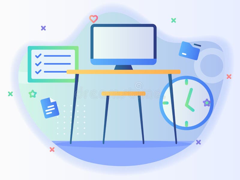 Personal Work Desk Concept Computer Table Chair Clock Check List with ...