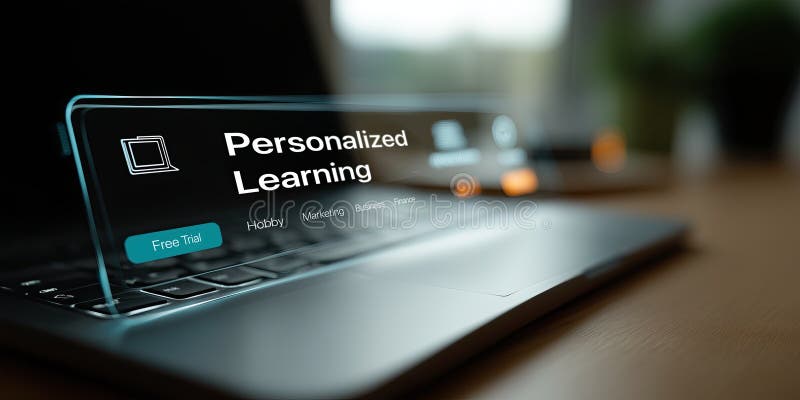 Personalized Learning Glowing Holographic UI Above Laptop, Modern ...