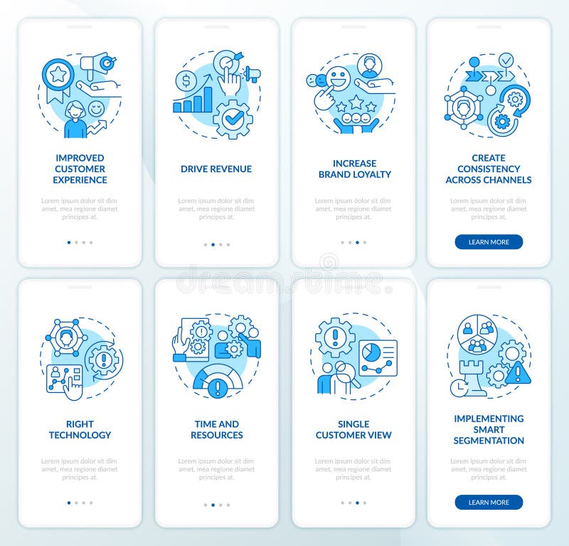 Personalized Marketing Blue Onboarding Mobile App Screen Set Stock ...