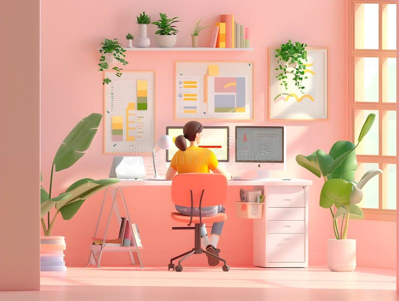 Personalized Workspace with Modern Decor and Greenery in 3D Rendered ...
