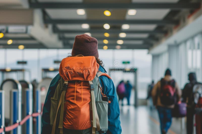 Persons Back with Backpack at Boarding Gate Stock Photo - Image of ...