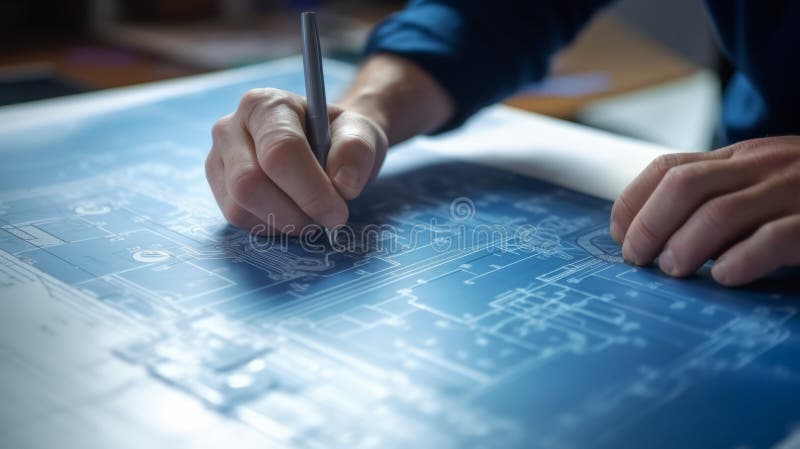 Persons Engineer Hand Drawing Plan on Blue Print. Generative AI. Stock ...
