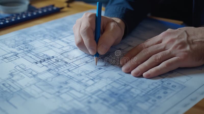 Persons Engineer Hand Drawing Plan on Blue Print. Generative AI. Stock ...