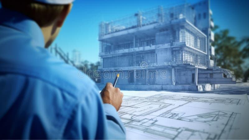 Persons Engineer Hand Drawing Plan on Blue Print. Generative AI. Stock ...
