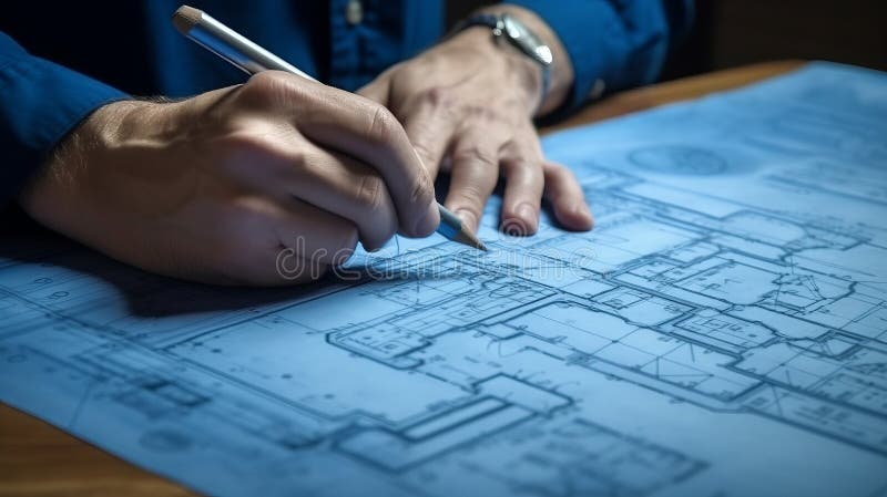 Persons Engineer Hand Drawing Plan on Blue Print. Generative AI. Stock ...