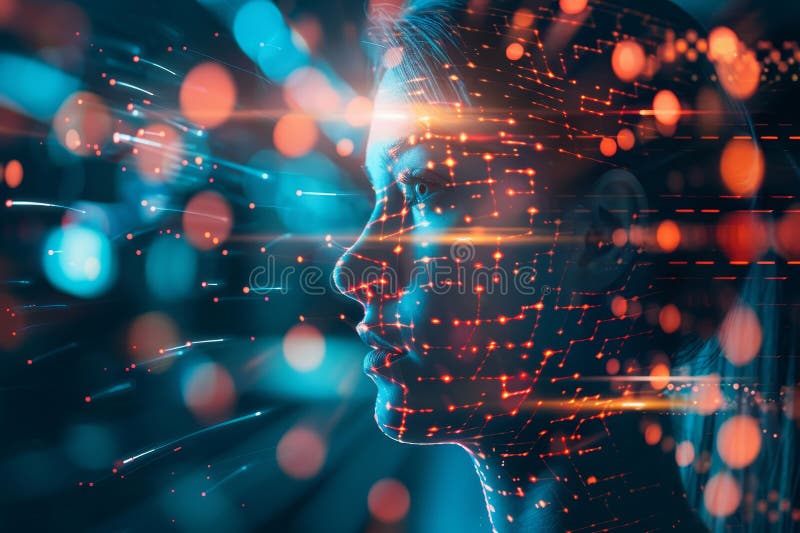 A Persons Face is Transformed into a Grid of Glowing Lights ...