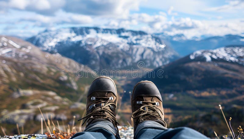 Persons Feet with Hiking Boots Resting at Mountain Top Stock ...