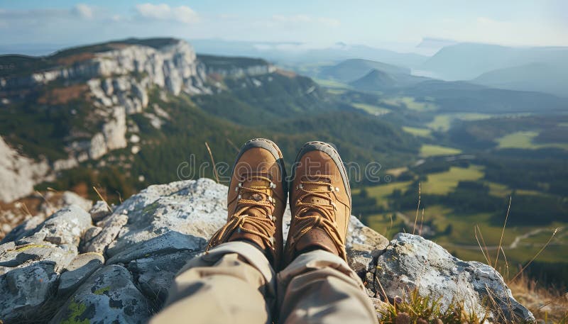 Persons Feet with Hiking Boots Resting at Mountain Top Stock ...