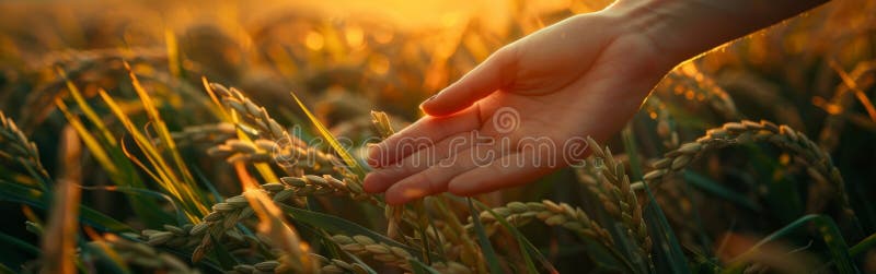 A Persons Hand Caressing Wheat in a Vast Field of Green Stock ...