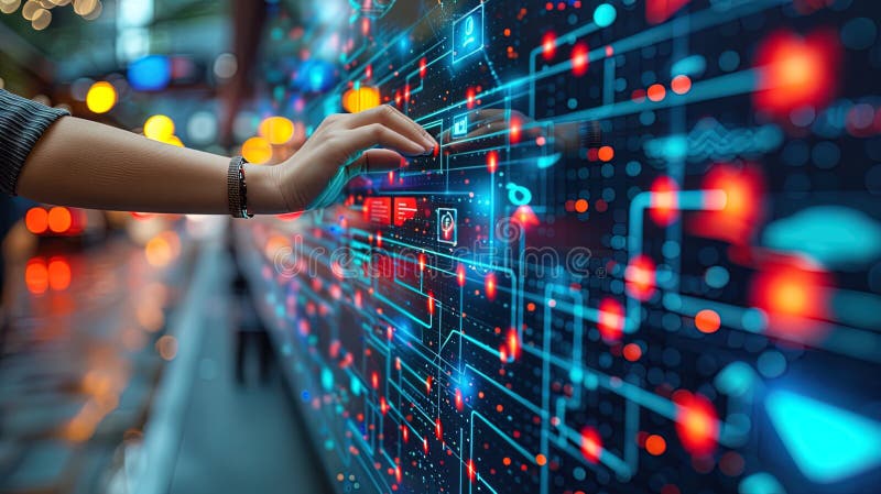 Persons Hand Interacting with Data Display on Wall Stock Illustration ...