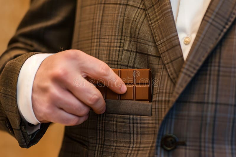 Persons Hand Putting a Chocolate Bar into a Suit Jacket Pocket Stock ...