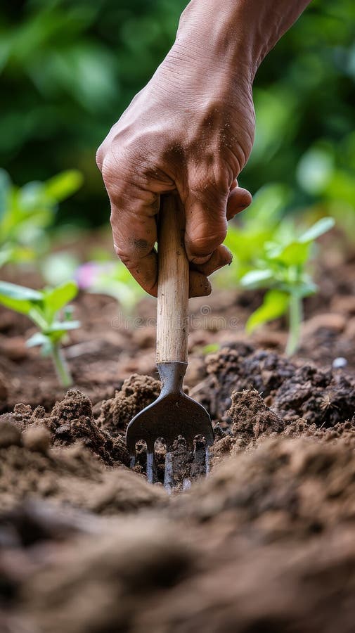 A Persons Hand is Shown Raking Dirt in a Garden Using a Small, Hand ...