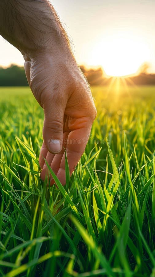 A Persons Hand Touching Lush Green Grass in a Field Under the Sunlight ...