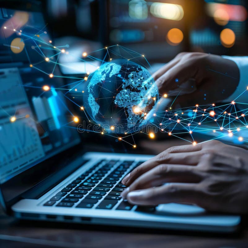 Persons Hand Types Laptop Keyboard Globe Network Lines Foreground ...