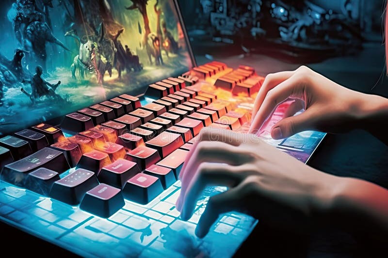 Persons Hands Keyboard Gital Background Featuring Game Characters ...