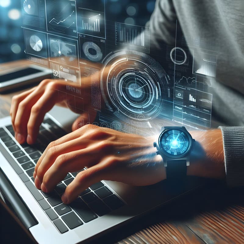 Close-Up of Hands Typing on a Keyboard with Futuristic Holographic Data ...