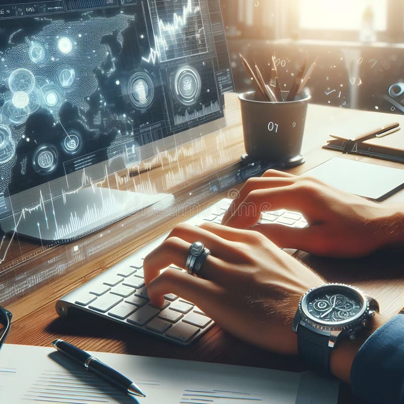 Close-Up of Hands Typing on a Keyboard with Futuristic Holographic Data ...
