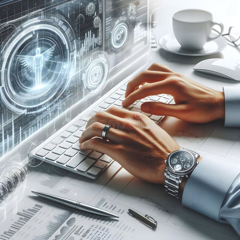 Close-Up of Hands Typing on a Keyboard with Futuristic Holographic Data ...