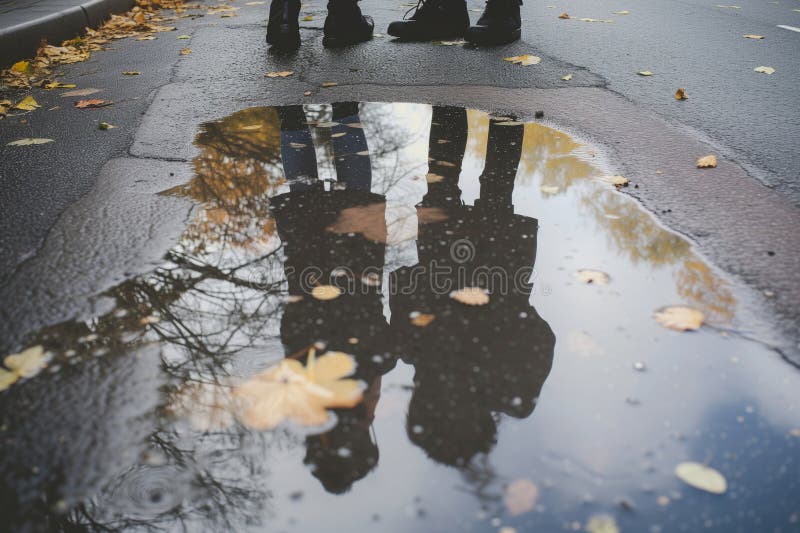 Persons Reflection in a Clear Water Puddle on the Street Stock Photo ...