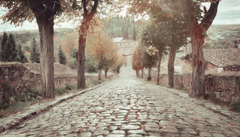 Perspective of Cobblestone Road with Trees Lined on Both Sides Leading ...