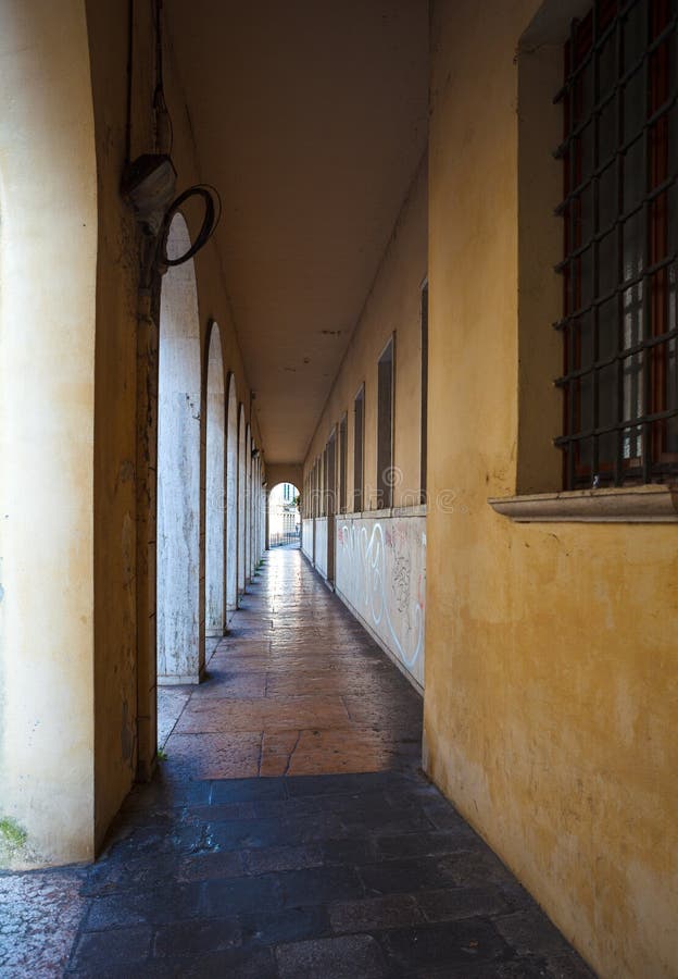 Perspective of Covered Passageway Along a Street in Treviso Stock Photo ...